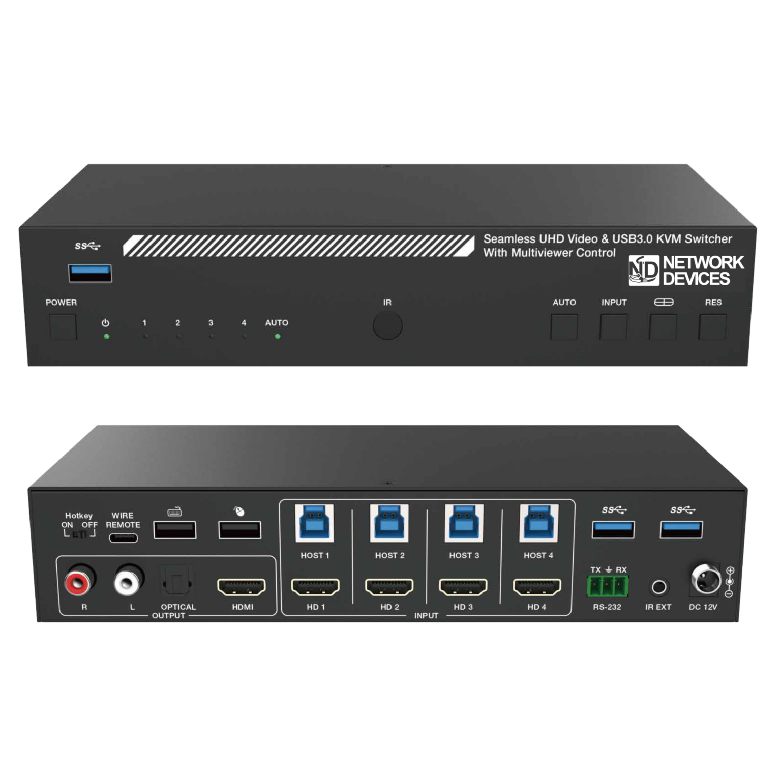 4 x 1 KVM Switcher with Multiview, USB3, 4K60 UHD, RS232 Control, Audio ...